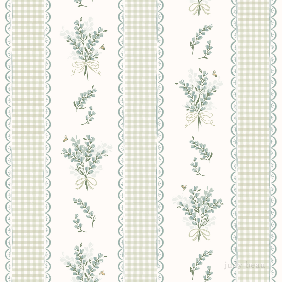 Posey - Sweet Gingham and Flower Stripe - Wallpaper or Textile - Judy Beau