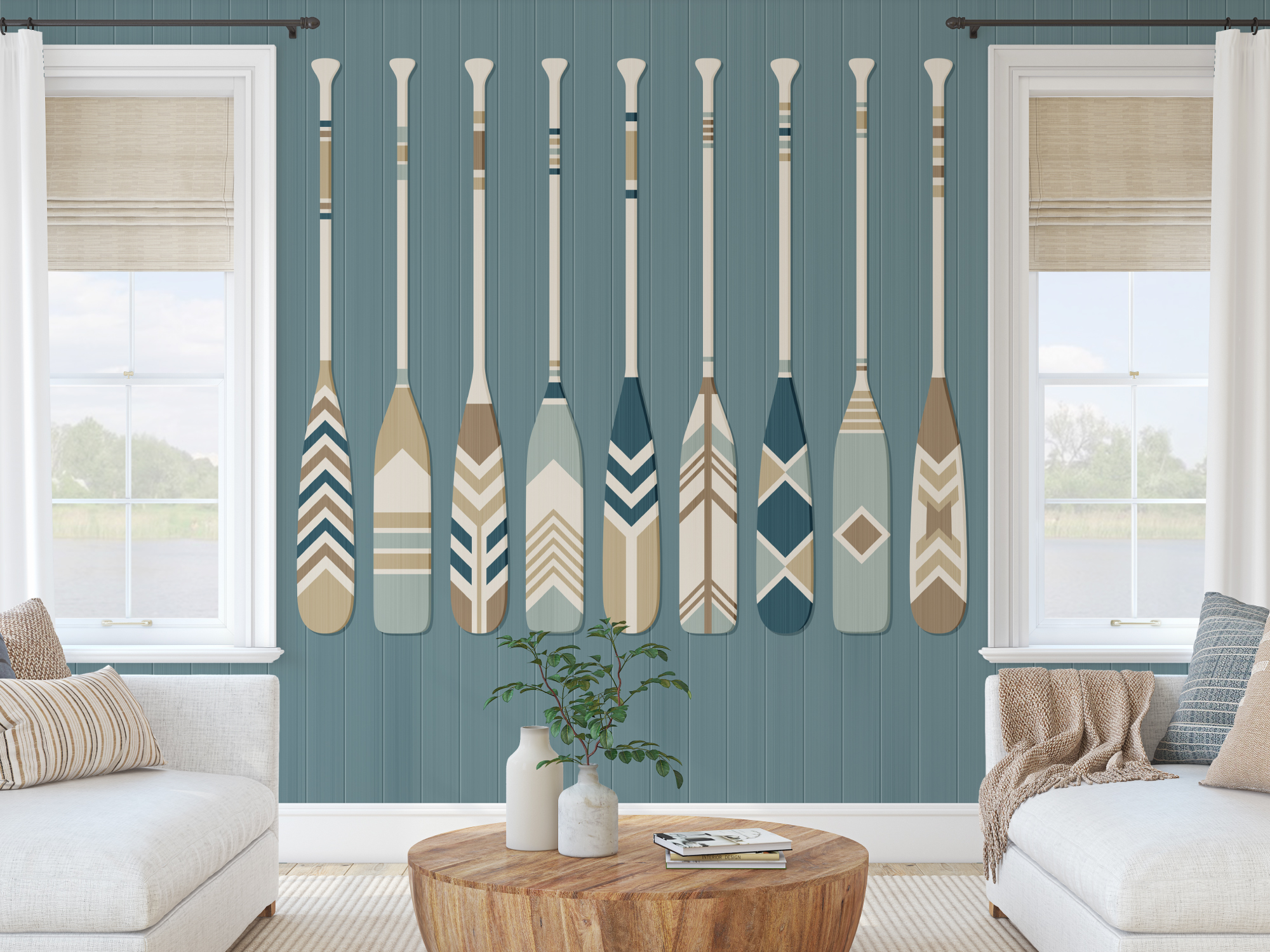 Sebago Lodge - Full Size Canoe Paddles in Wallpaper Panels - Judy Beau